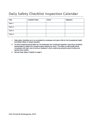 Fillable Online Daily Safety Checklist Inspection Calendar Fax Email ...