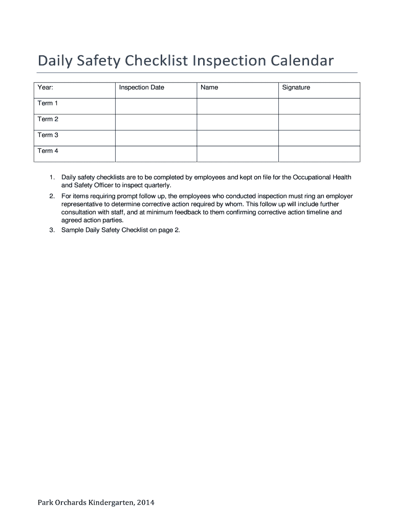 Fillable Online Daily Safety Checklist Inspection Calendar Fax Email ...