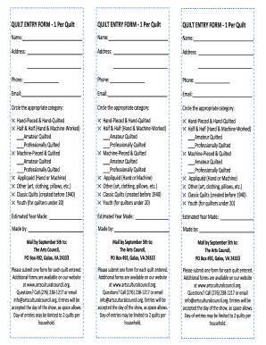 Fillable Online QUILT ENTRY FORM - 1 Per Quilt Fax Email Print - pdfFiller