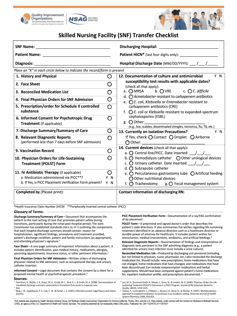 Fillable Online Skilled Nursing Facility (SNF) Transfer Checklist Fax ...