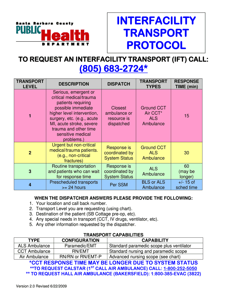 Fillable Online TO REQUEST AN INTERFACILITY TRANSPORT (IFT) CALL: Fax ...