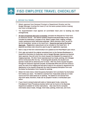 Fillable Online FISD EMPLOYEE TRAVEL CHECKLIST Fax Email Print - pdfFiller