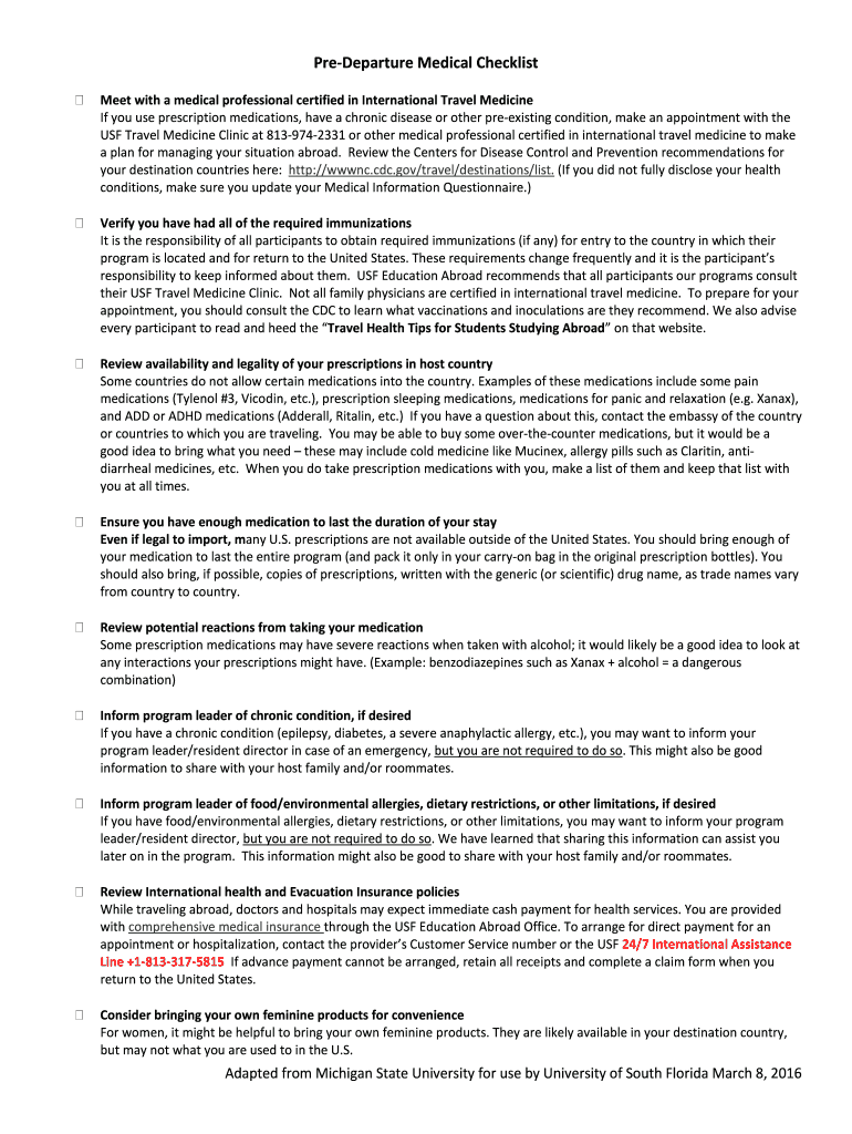 Fillable Online Pre-Departure Medical Checklist Fax Email Print - pdfFiller