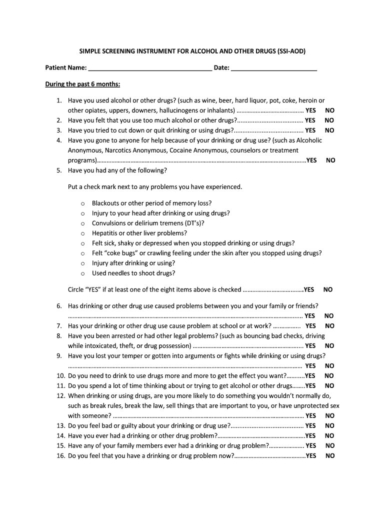 Fillable Online SIMPLE SCREENING INSTRUMENT FOR ALCOHOL AND OTHER DRUGS ...