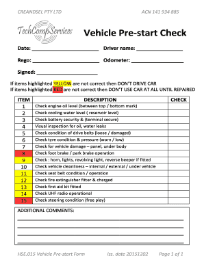 Fillable Online Vehicle Pre-start Check Fax Email Print - pdfFiller
