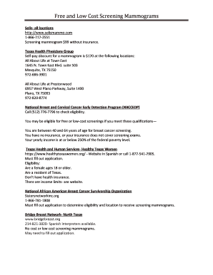 Fillable Online Free and Low Cost Screening Mammograms Fax Email Print ...