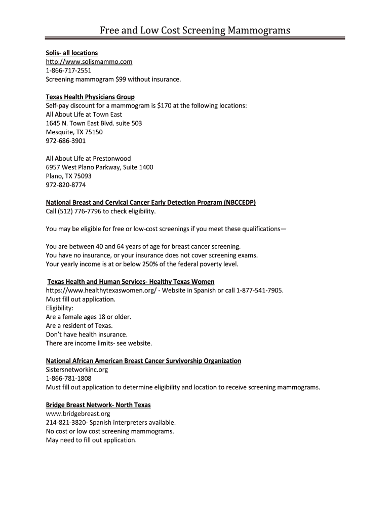 Fillable Online Free and Low Cost Screening Mammograms Fax Email Print ...