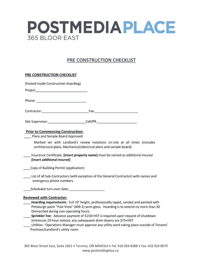 Fillable Online PRE CONSTRUCTION CHECKLIST Fax Email Print - pdfFiller