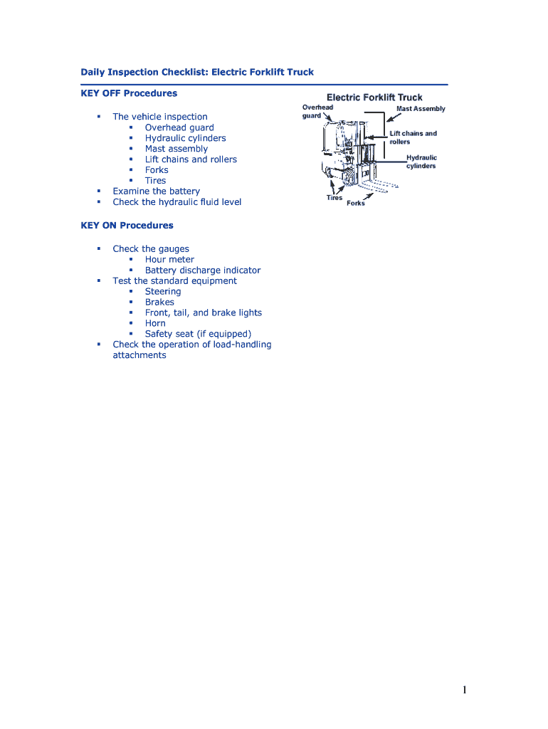 Fillable Online Daily Inspection Checklist: Electric Forklift Truck Fax ...