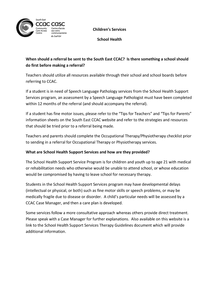 Fillable Online When should a referral be sent to the South East CCAC ...