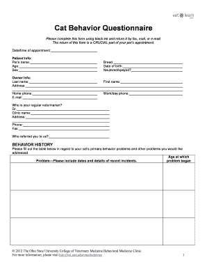 Fillable Online Cat Behavior Questionnaire Fax Email Print - pdfFiller