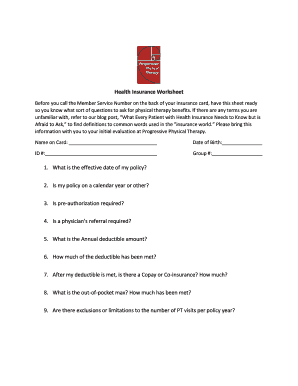Fillable Online Health Insurance Worksheet Fax Email Print - pdfFiller