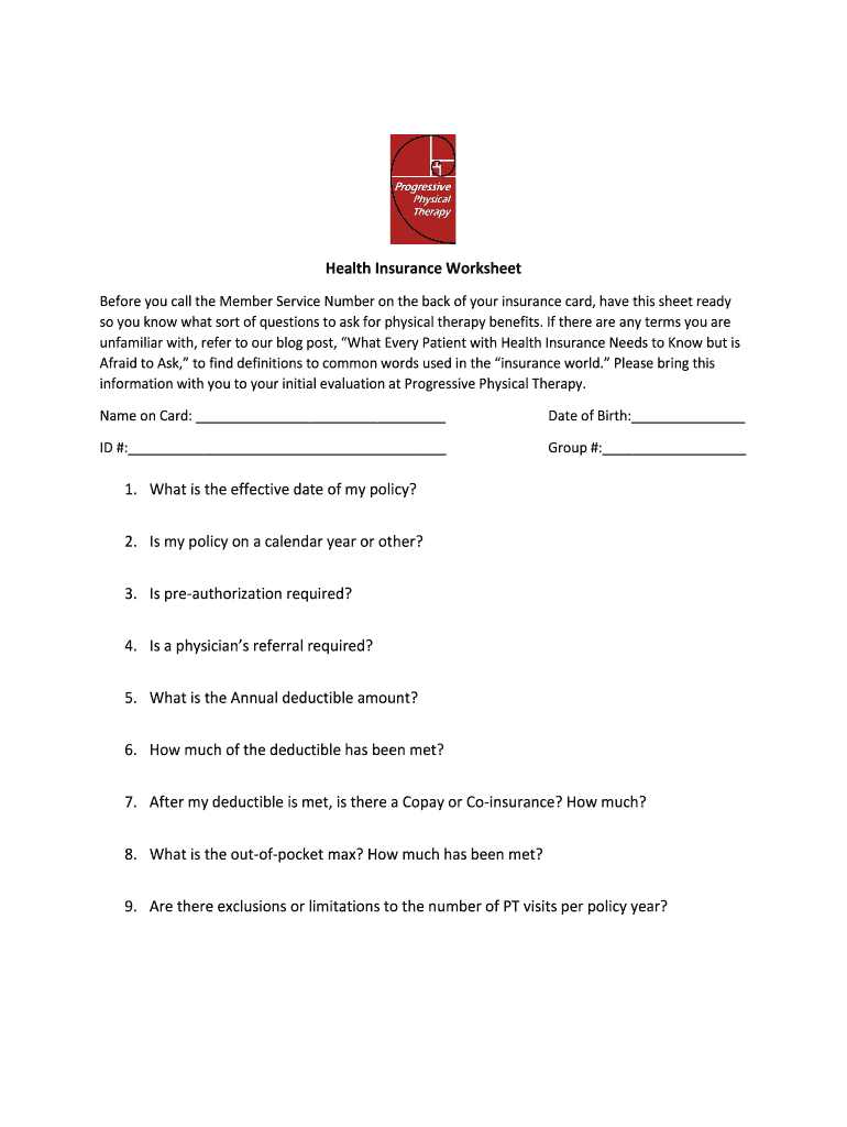 Fillable Online Health Insurance Worksheet Fax Email Print - pdfFiller