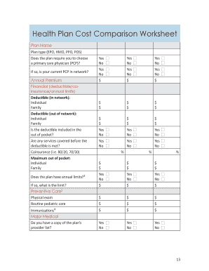 Fillable Online Health Plan Cost Comparison Worksheet Fax Email Print ...