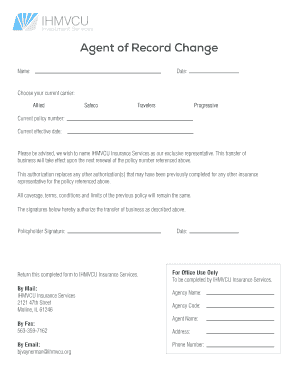 Fillable Online Agent of Record Change Fax Email Print - pdfFiller