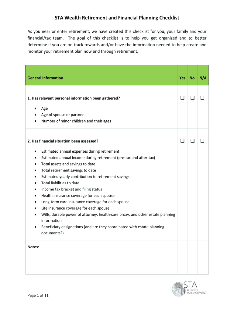 Fillable Online STA Wealth Retirement and Financial Planning Checklist ...