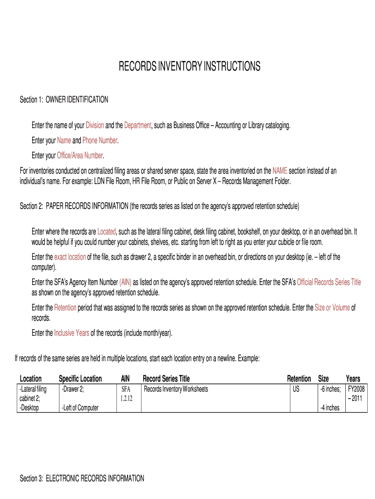 Fillable Online RECORDS INVENTORY INSTRUCTIONS Fax Email Print - pdfFiller