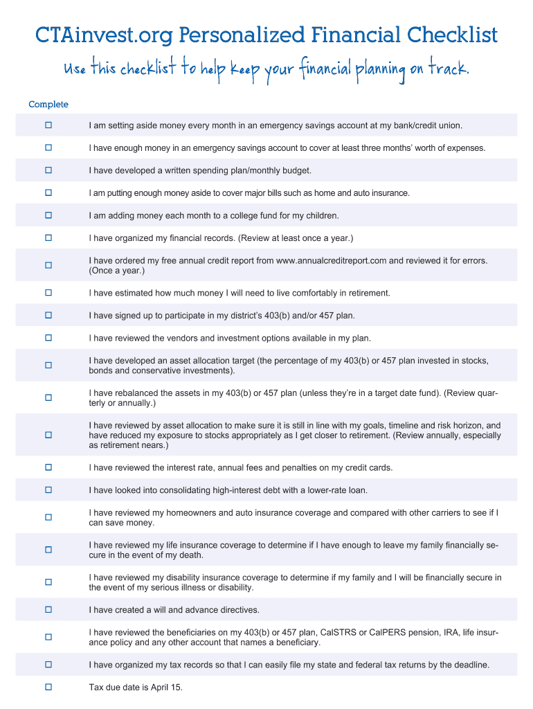 Fillable Online org Personalized Financial Checklist Fax Email Print ...