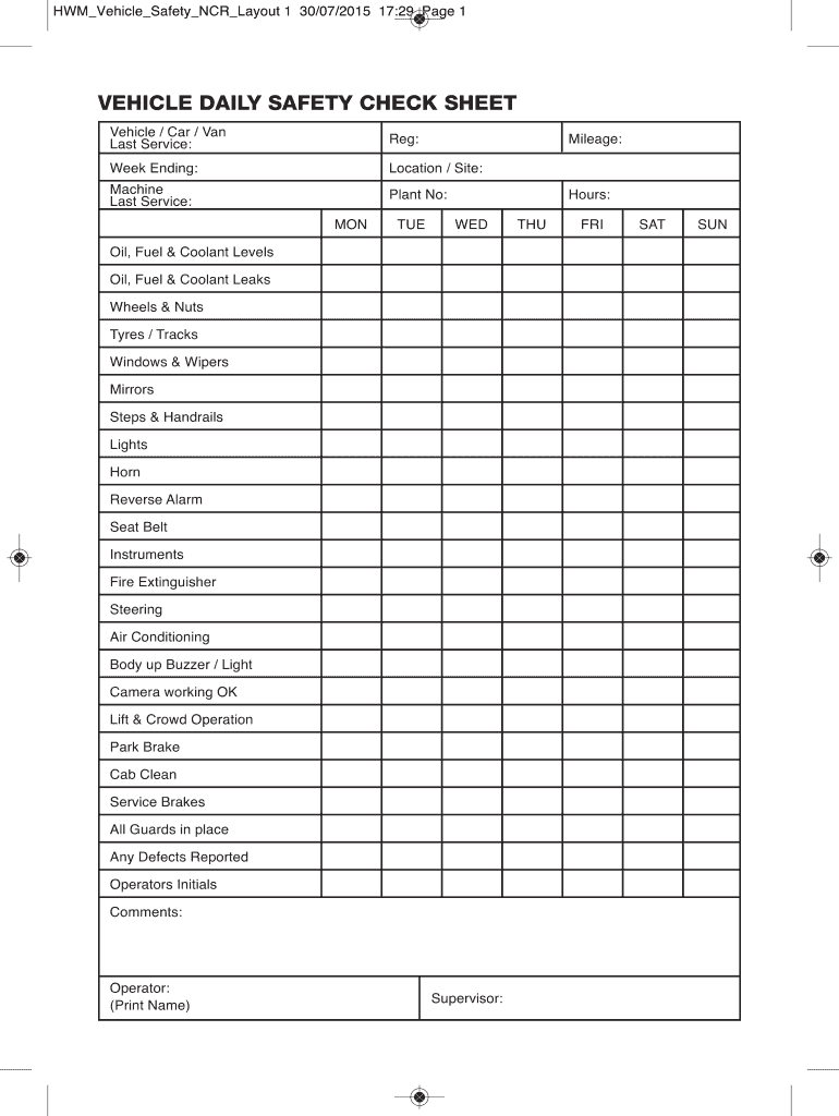 Fillable Online vehicle safety check sheet Fax Email Print - pdfFiller