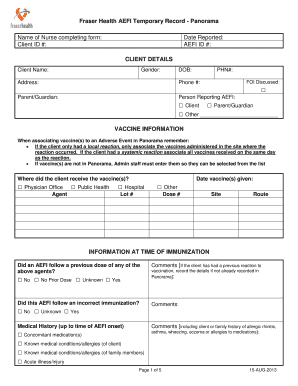 Fillable Online Fraser Health AEFI Temporary Record - Panorama Fax ...