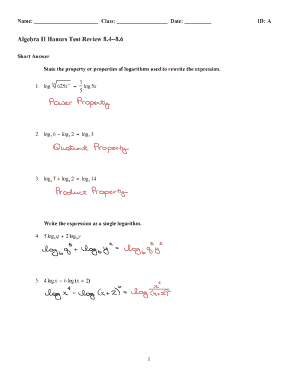 Fillable Online Algebra II Honors Test Review 8 Fax Email Print - pdfFiller
