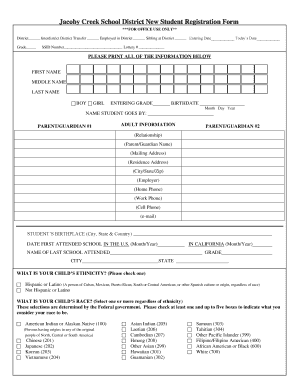 Fillable Online Jacoby Creek School District New Student Registration ...
