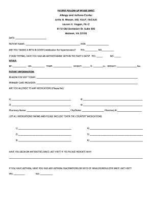 Fillable Online PATIENT FOLLOW-UP INTAKE SHEET Fax Email Print - pdfFiller