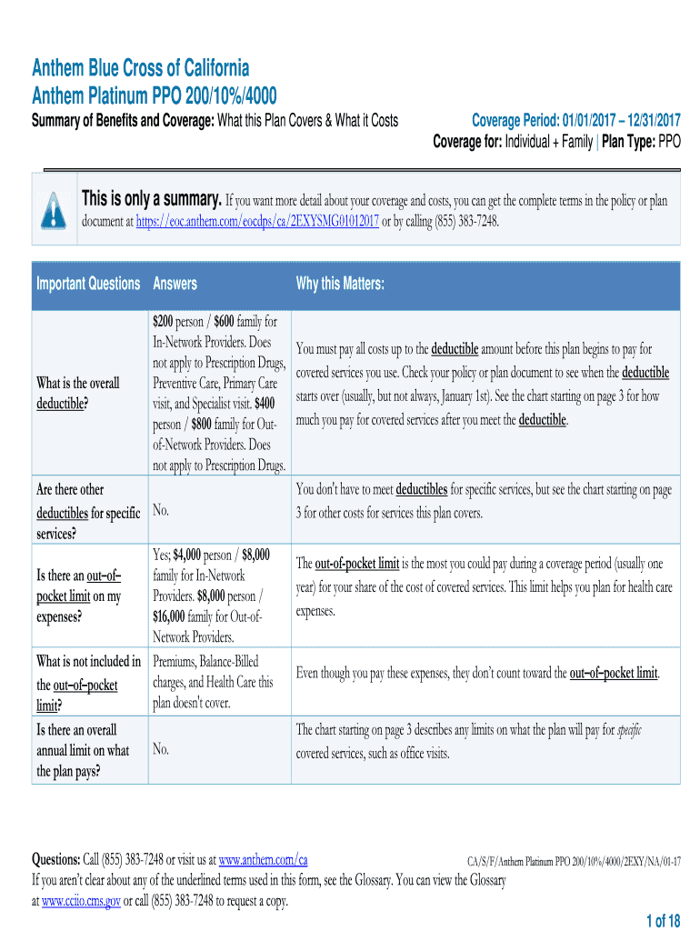 Fillable Online Anthem Platinum PPO 200/10%/4000 Fax Email Print ...