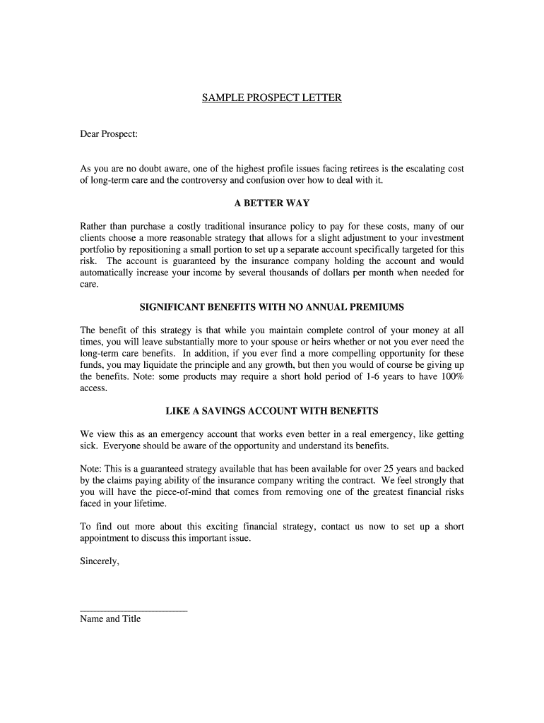 Fillable Online SAMPLE PROSPECT LETTER Fax Email Print - pdfFiller