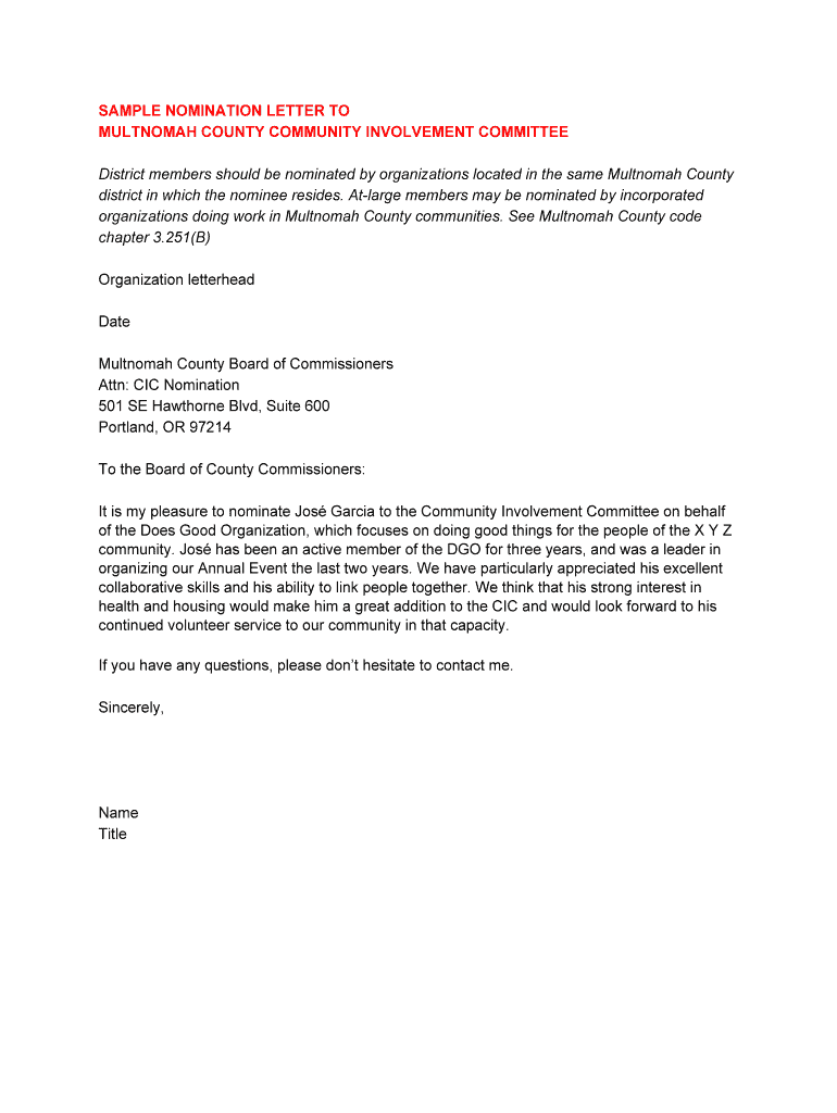 Fillable Online SAMPLE NOMINATION LETTER TO Fax Email Print - pdfFiller