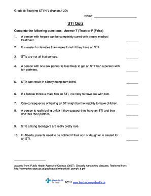 Fillable Online Grade 8: Studying STI/HIV (Handout 2D) Fax Email Print ...
