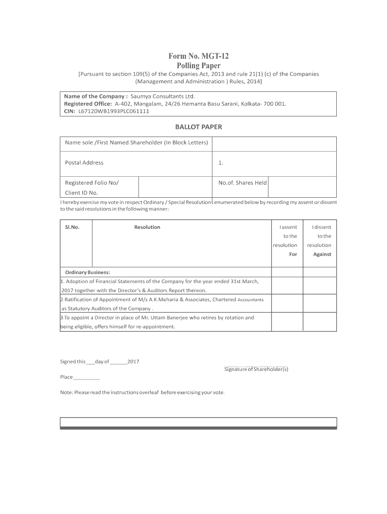 Fillable Online Pursuant to section 109(5) of the Companies Act, 2013 ...