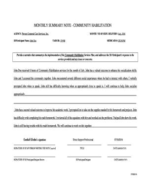 Fillable Online MONTHLY SUMMARY NOTE - COMMUNITY HABILITATION Fax Email ...