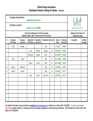 Fillable Online Employee Census Listing for Quote Example Fax Email ...