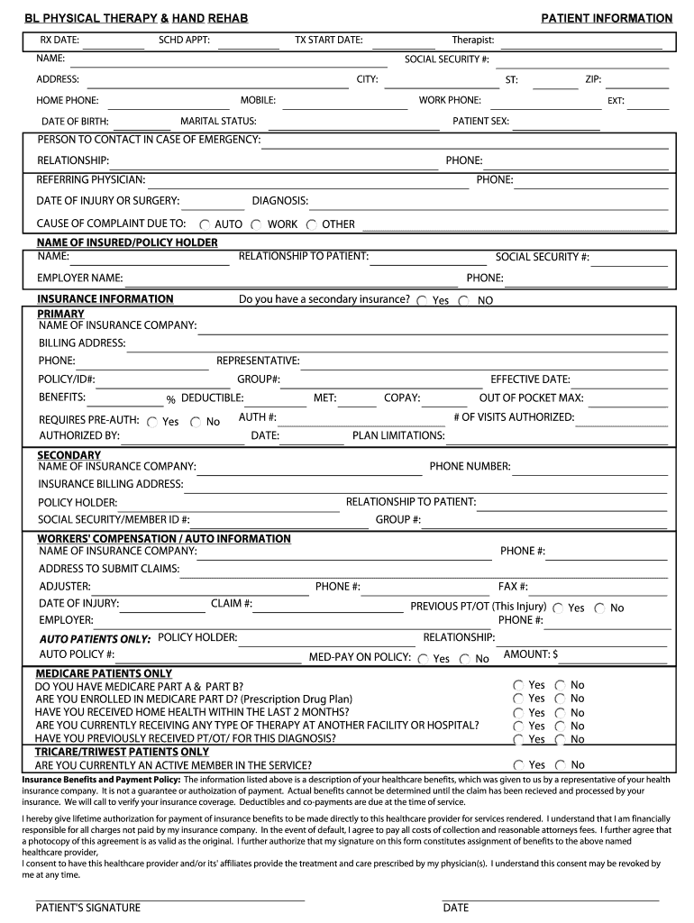 Fillable Online New Patient Intake Form - Bonney Lake Physical Therapy ...