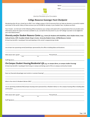 Fillable Online College Resources Scavenger Hunt Checkpoint Fax Email ...