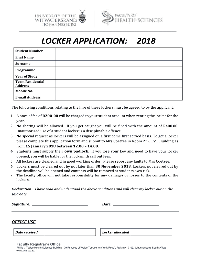 Fillable Online LOCKER APPLICATION: Fax Email Print - pdfFiller
