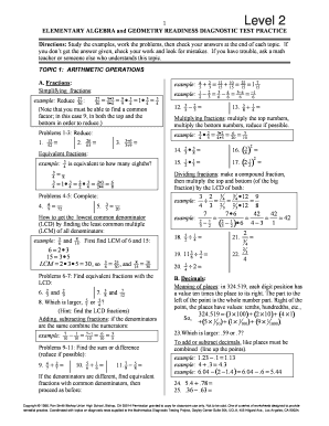 Fillable Online ELEMENTARY ALGEBRA and GEOMETRY READINESS DIAGNOSTIC ...