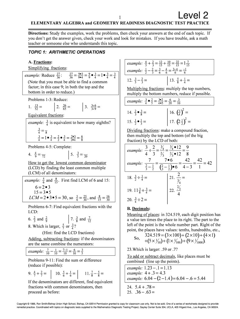 Fillable Online ELEMENTARY ALGEBRA and GEOMETRY READINESS DIAGNOSTIC ...