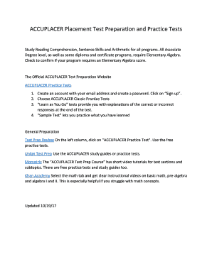 Fillable Online ACCUPLACER Placement Test Preparation and Practice ...