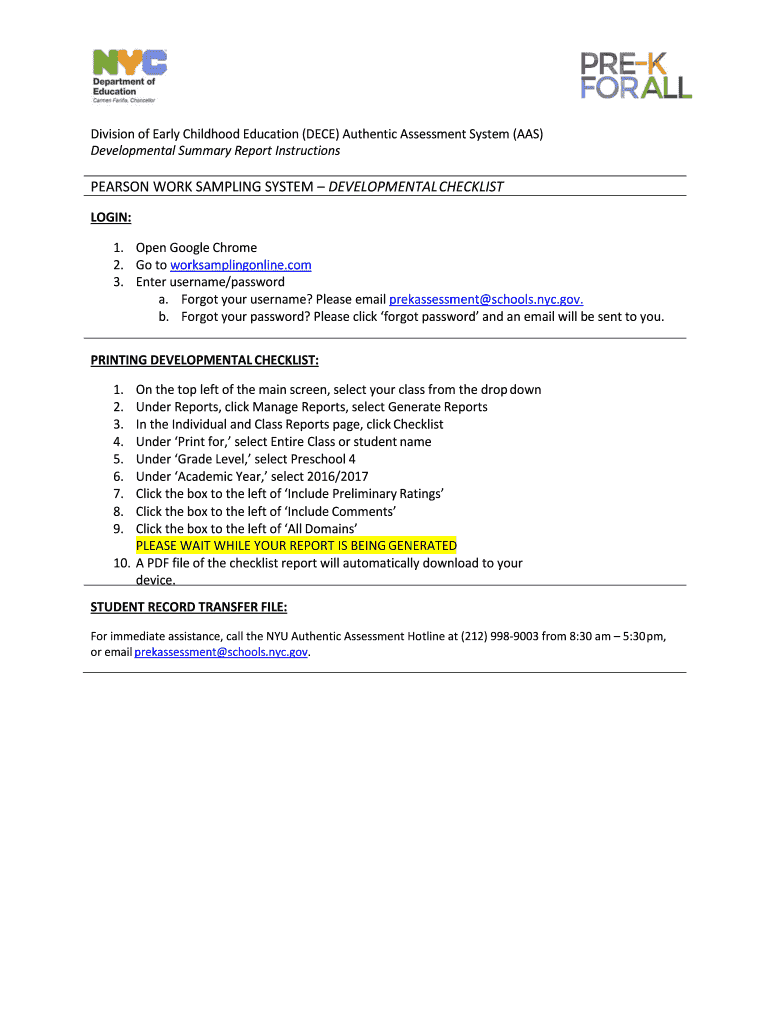 Fillable Online Developmental Summary Report Instructions Fax Email ...