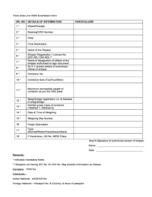 Fillable Online Trans Asia Line VGM Submission form: Fax Email Print ...