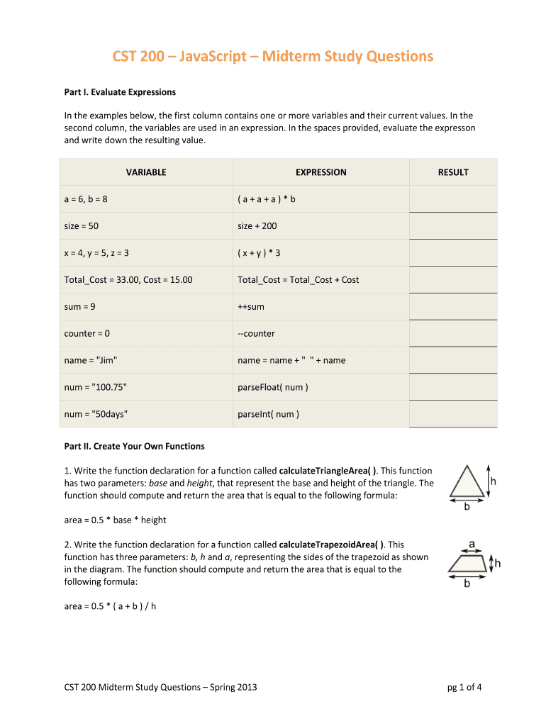 Fillable Online CST 200 JavaScript Midterm Study Questions Fax Email Print - pdfFiller