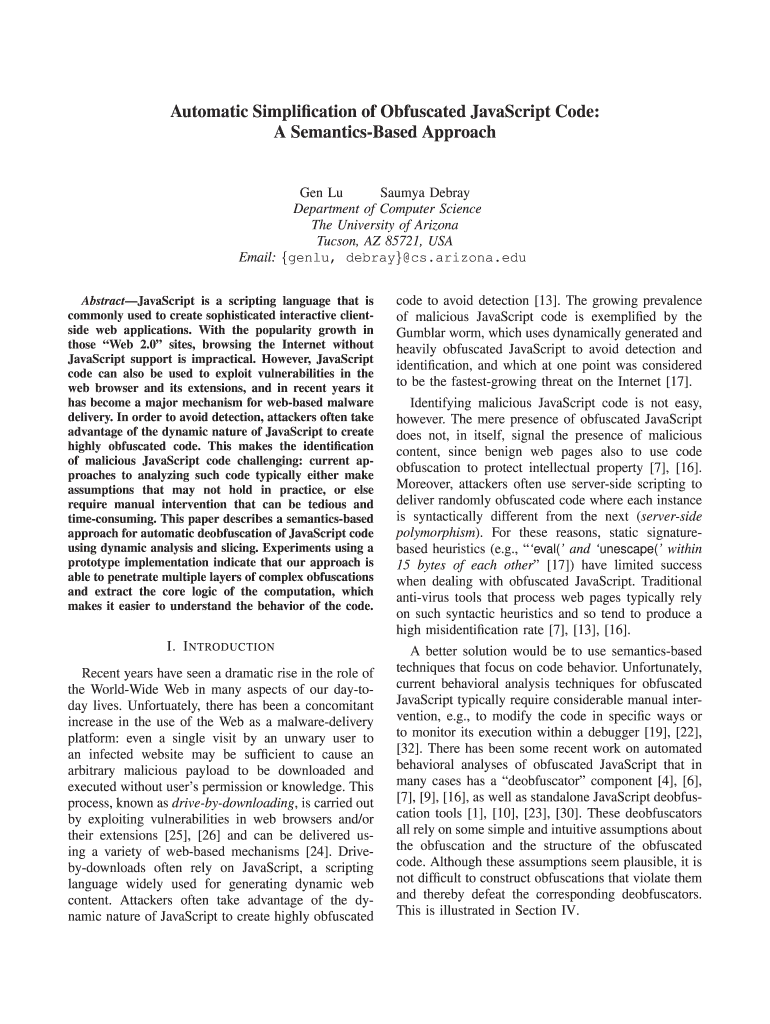Fillable Online Automatic Simplification of Obfuscated JavaScript Code ... Fillable Online Automatic Simplification of Obfuscated JavaScript Code ...