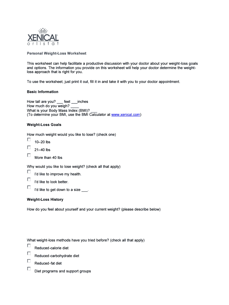 Fillable Online Personal Weight-Loss Worksheet Fax Email Print - pdfFiller