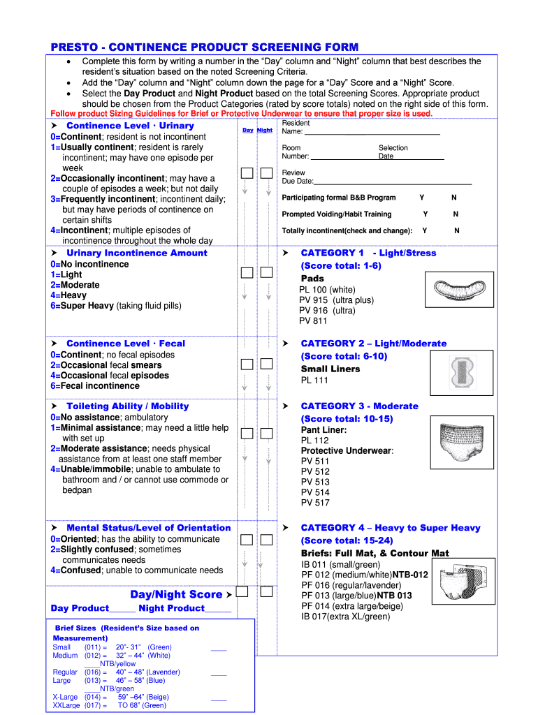 Fillable Online PRESTO - CONTINENCE PRODUCT SCREENING FORM Fax Email ...