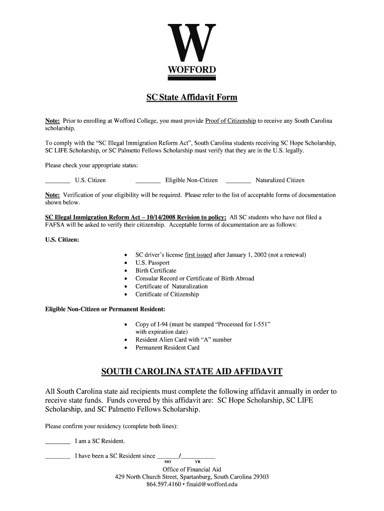 South Carolina State Aid Affidavit Form - Blank Fillable Template ...