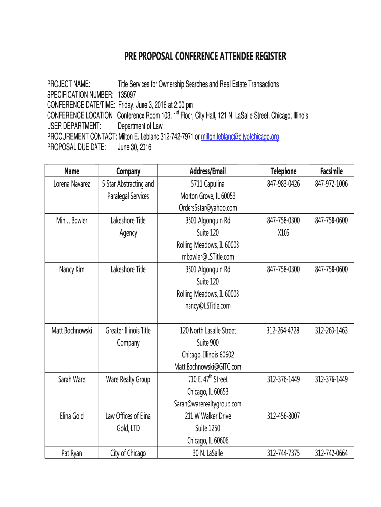 Fillable Online PRE PROPOSAL CONFERENCE ATTENDEE REGISTER Fax Email Print - pdfFiller