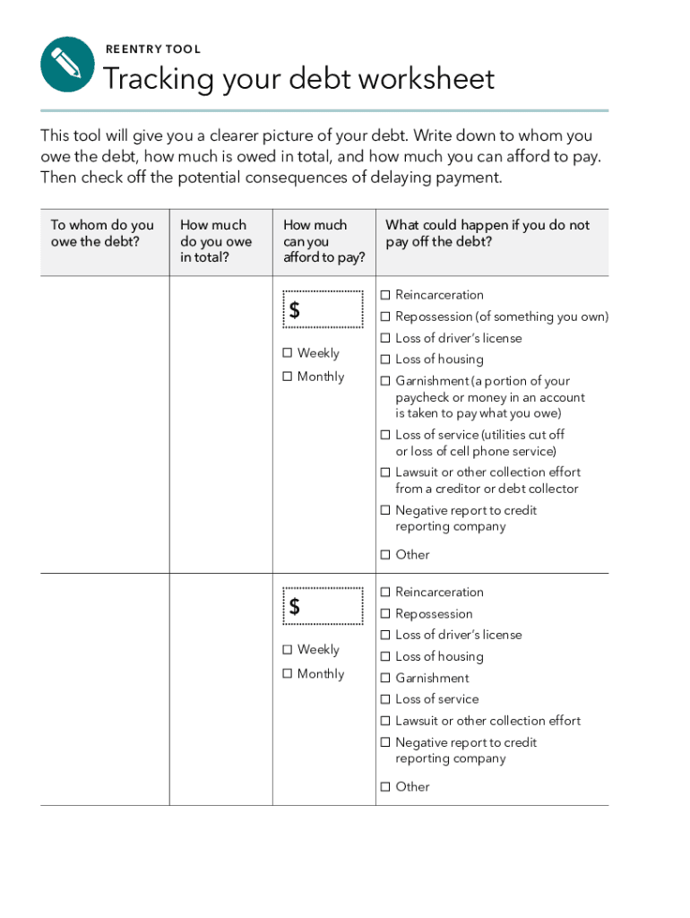 Fillable Online Reentry Tool: Tracking your debt worksheet Fax Email ...
