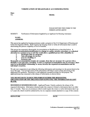 Fillable Online VERIFICATION OF REASONABLE ACCOMMODATIONS Fax Email Print - pdfFiller